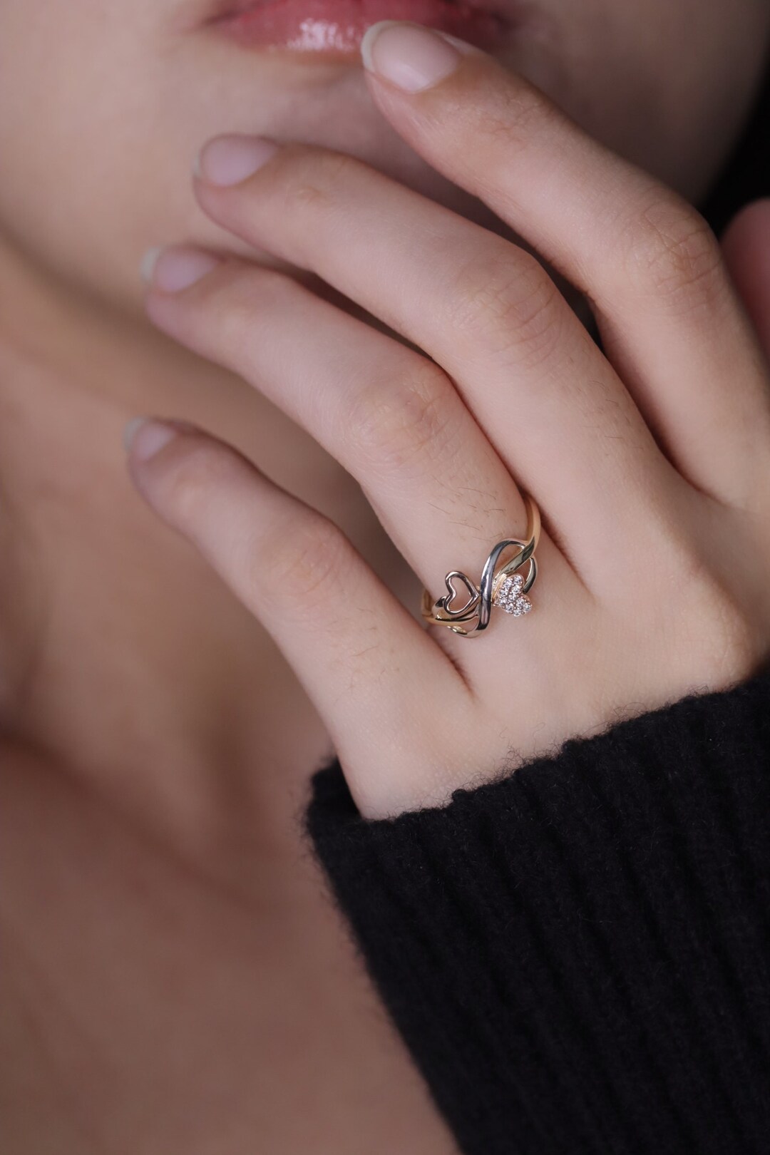 14k Tri Color Heart Ring / Dainty Women Ring / Thin Band / Cute CZ ...