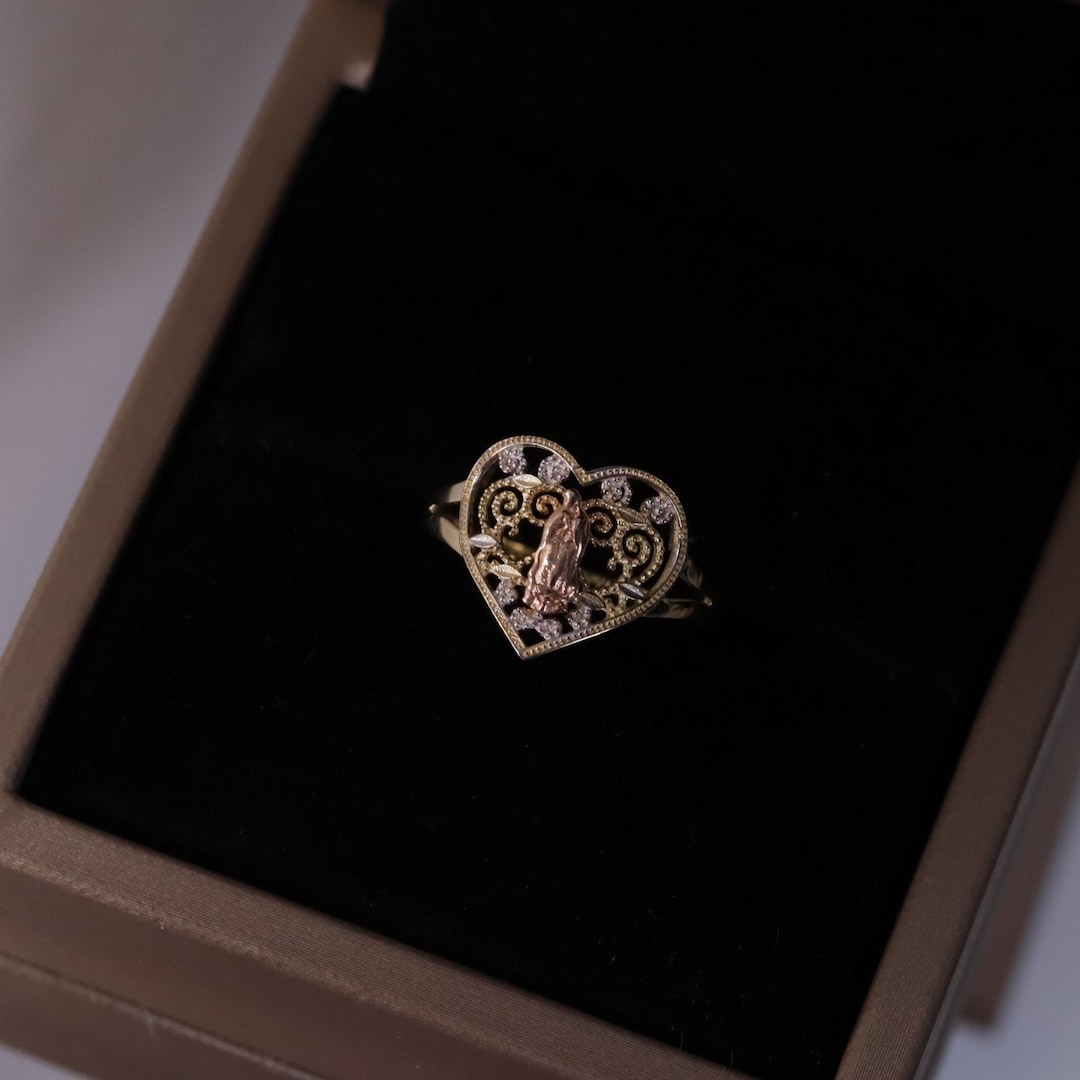 14k Virgin Mary Ring, CZ Ring, Guadalupe Ring, Heart Religious Ring ...
