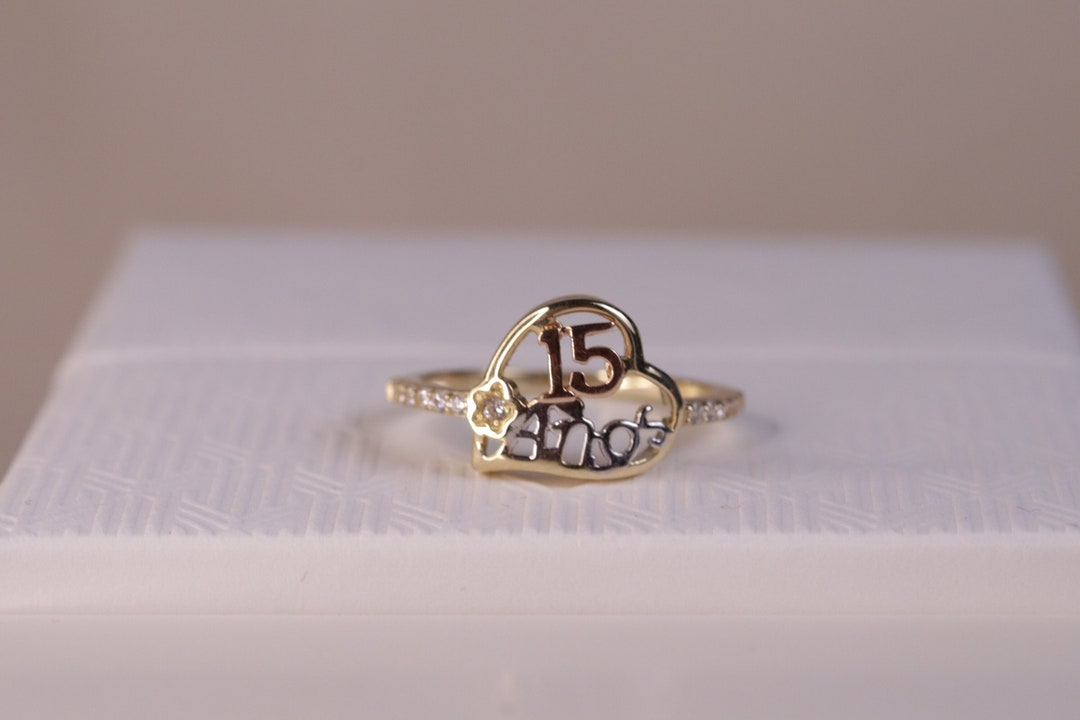 14k 15 Anos Quinceanera Ring / Yellow Gold Cubic Zirconia Crown 15 Ring ...