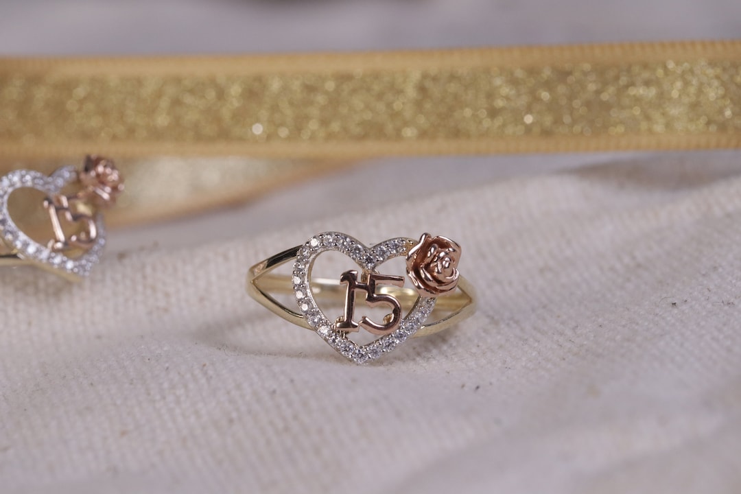 14k 15 Anos Quinceanera Ring / Yellow Gold Cubic Zirconia HEART 15 Ring ...