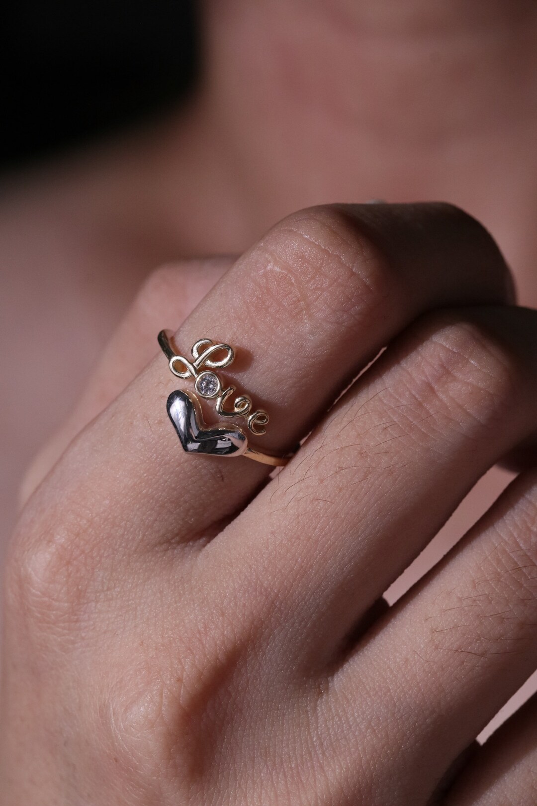 14k Solid Gold Love Ring / 14k Script Love Ring / Dainty Heart Ring / Minimalist Heart Ring ...