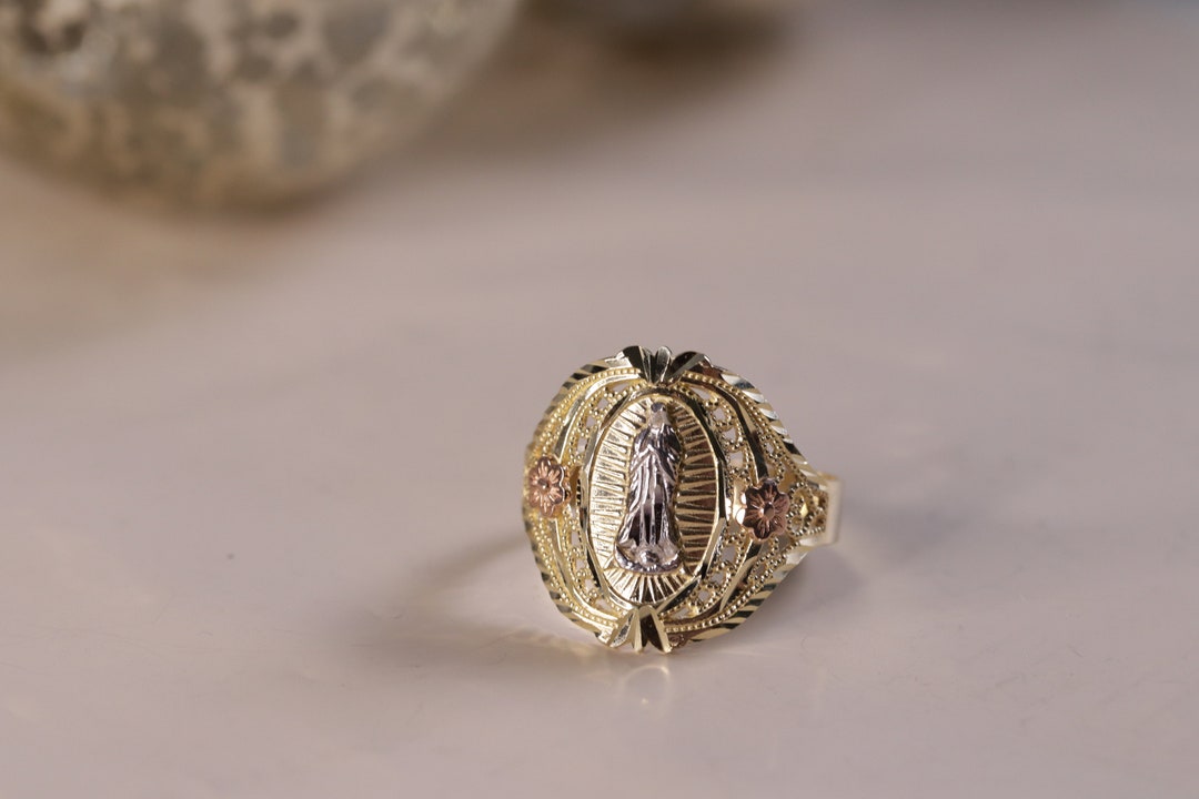 10k Gold Virgin Mary Ring / Tri Color Religious Ring / Vintage Virgin ...
