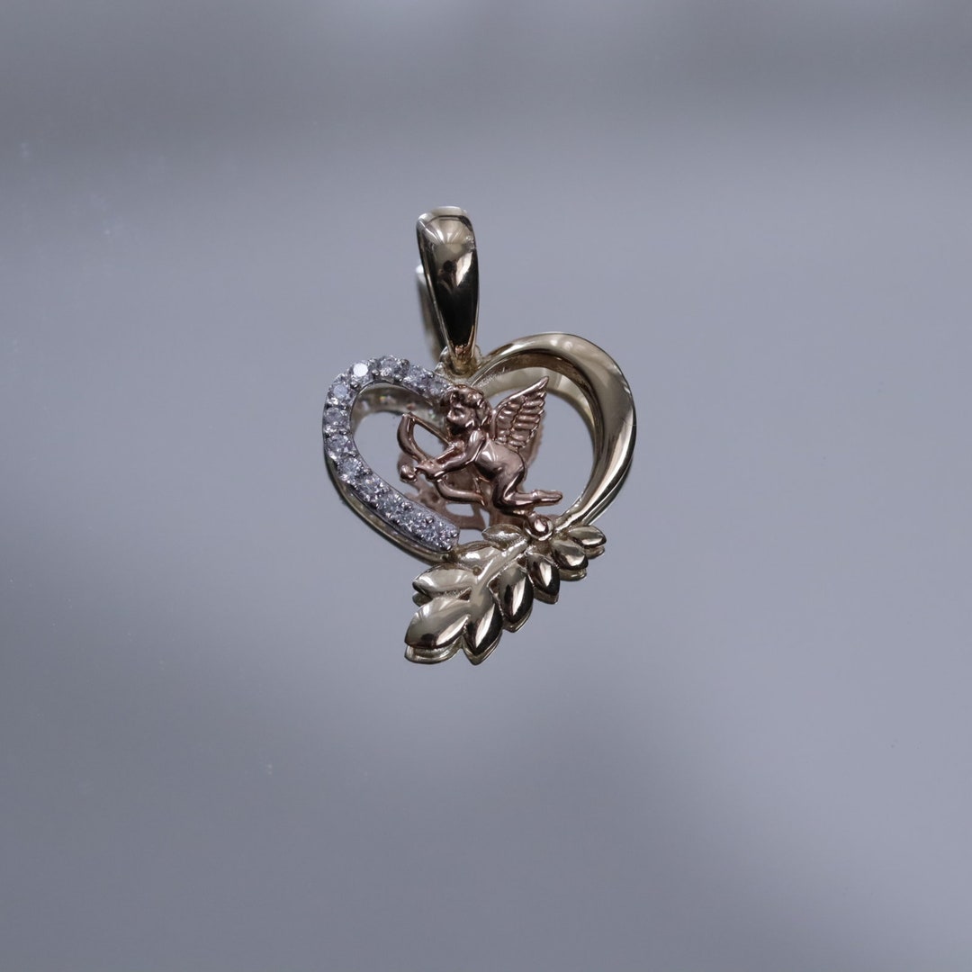 14K Tri Color Heart Pendant, Dainty Rose Gold Angel Pendant, Dainty ...