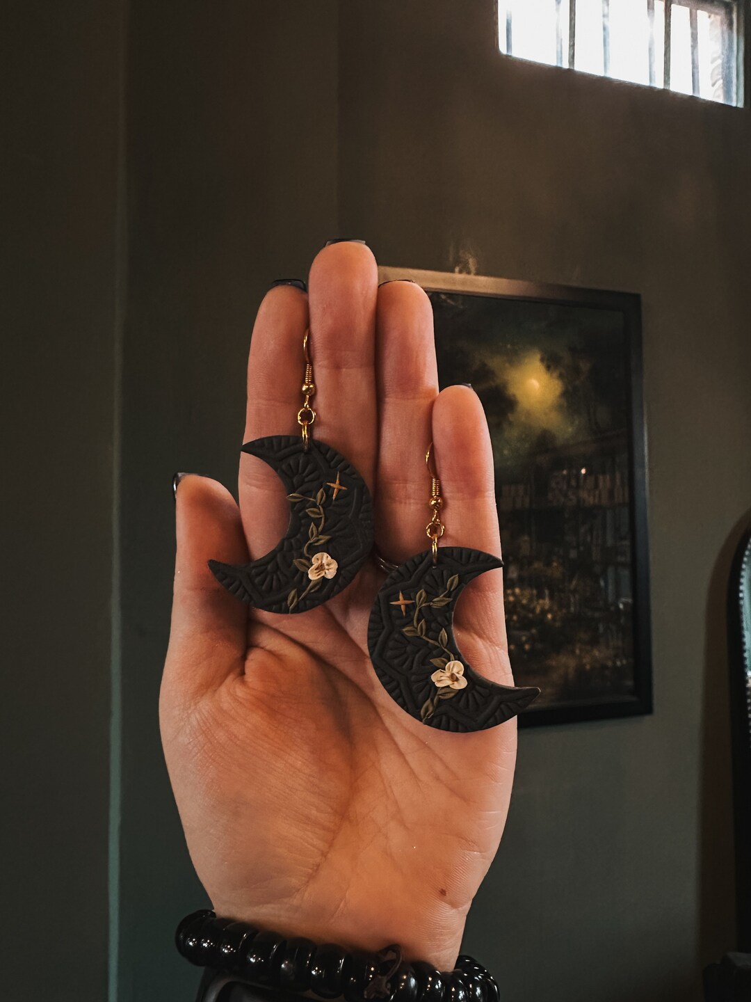 Floral Moon Earrings, Dark Cottagecore Earrings, Whimsigoth Earrings ...