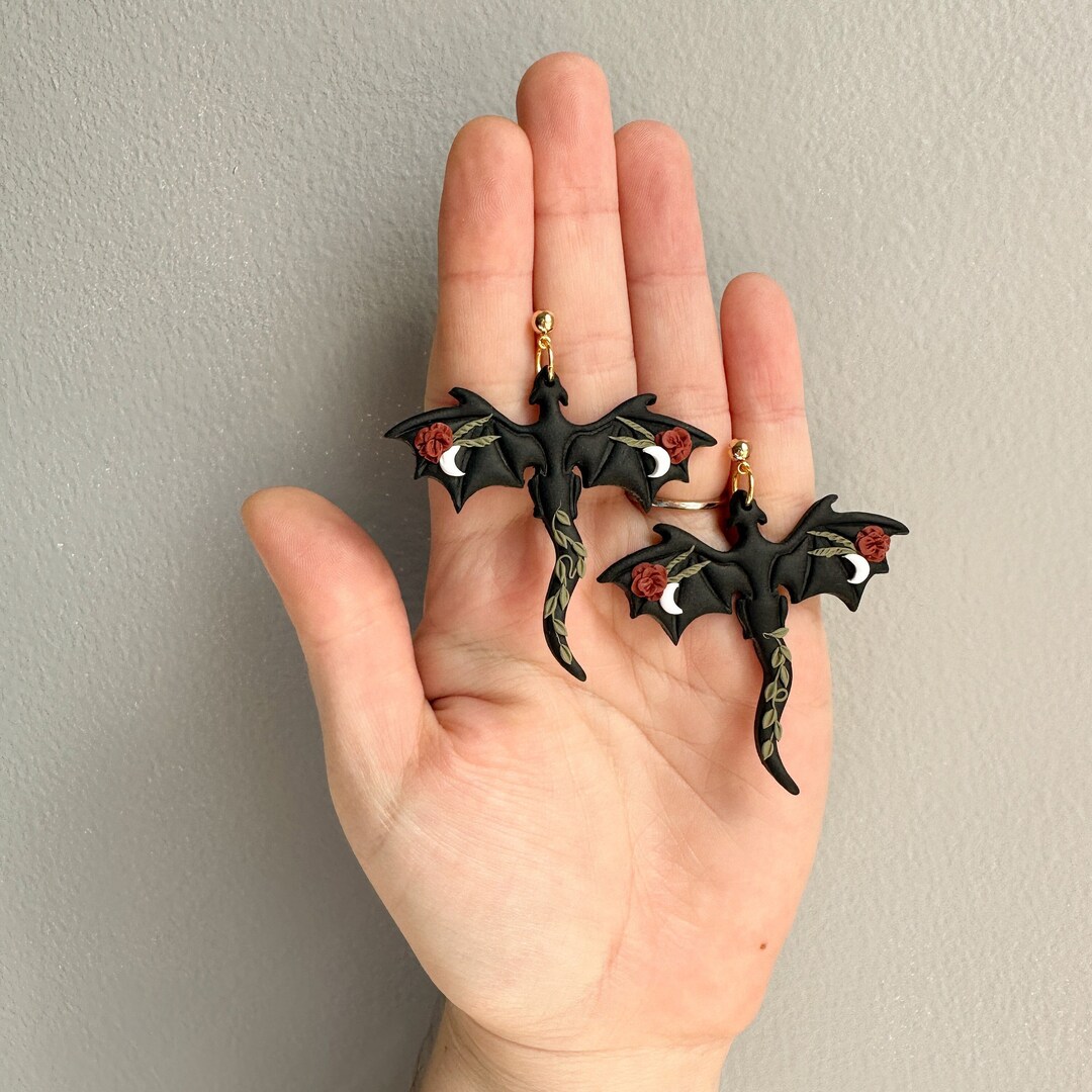 Floral Dragon Clay Earrings, Polymer Clay Dangle Earrings, Handmade ...