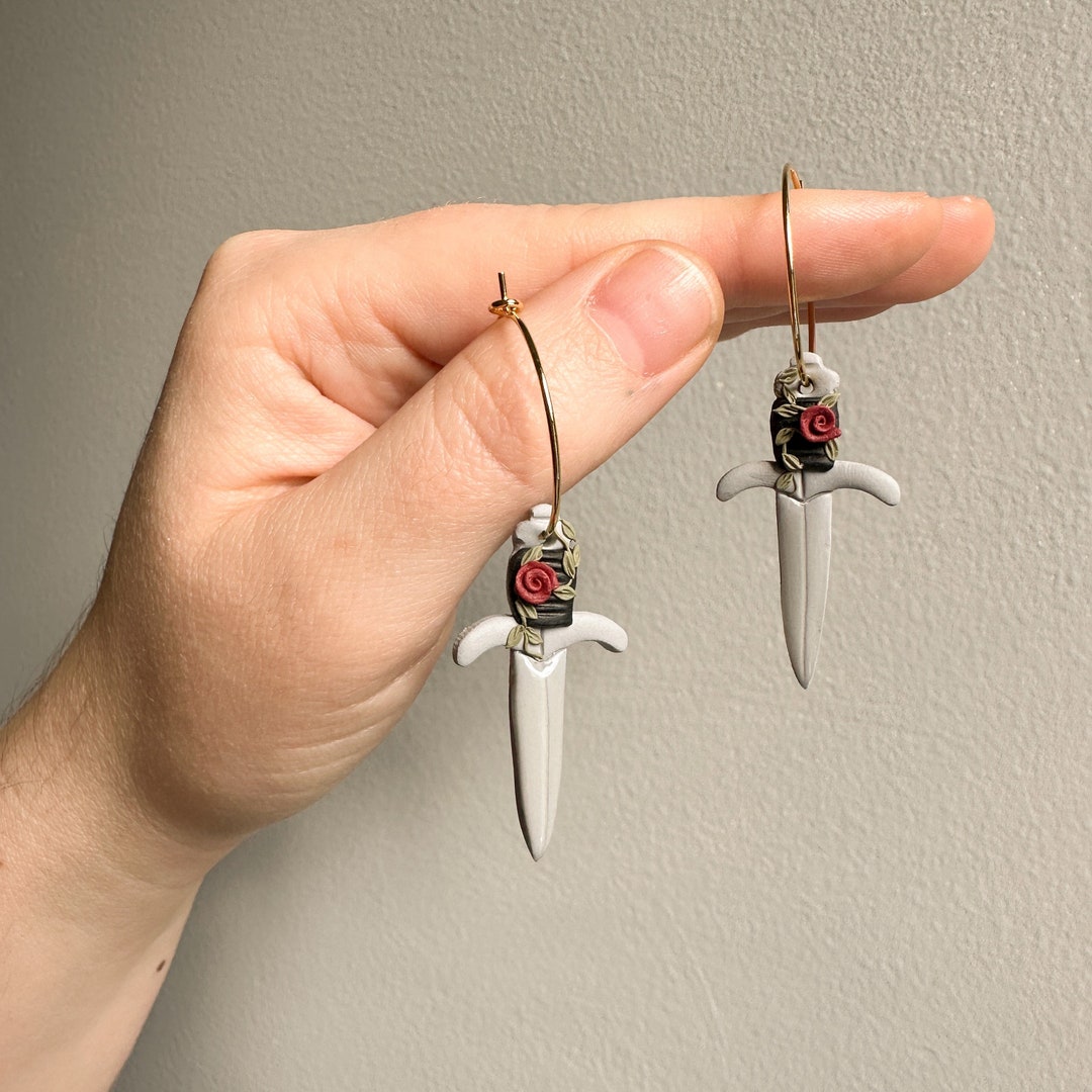 Clay Dagger Earrings, Floral Sword Earrings, Goth Jewelry, Goth Polymer ...