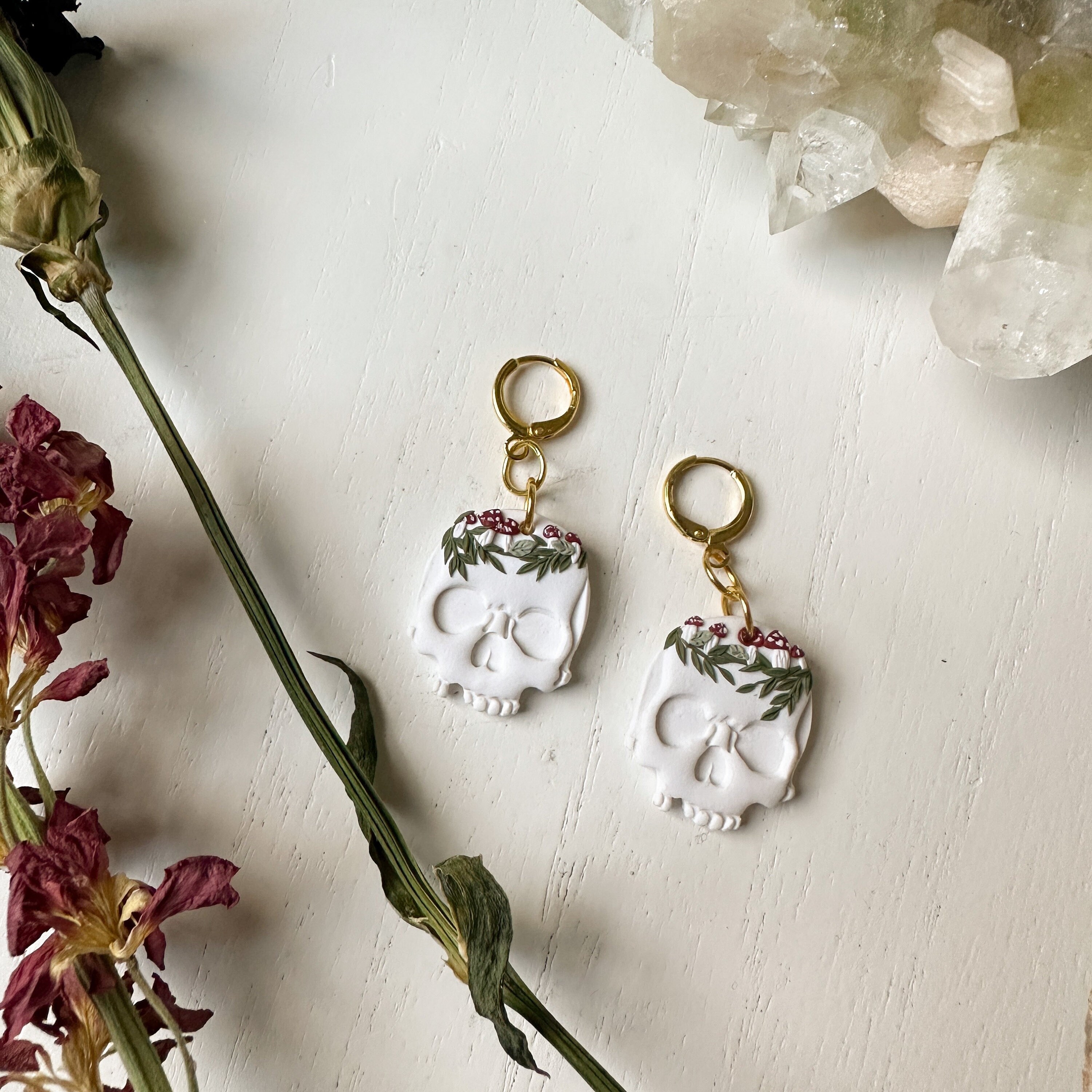 Polymer Clay Skull Earrings Mushroom Crown Skull Earrings - Etsy