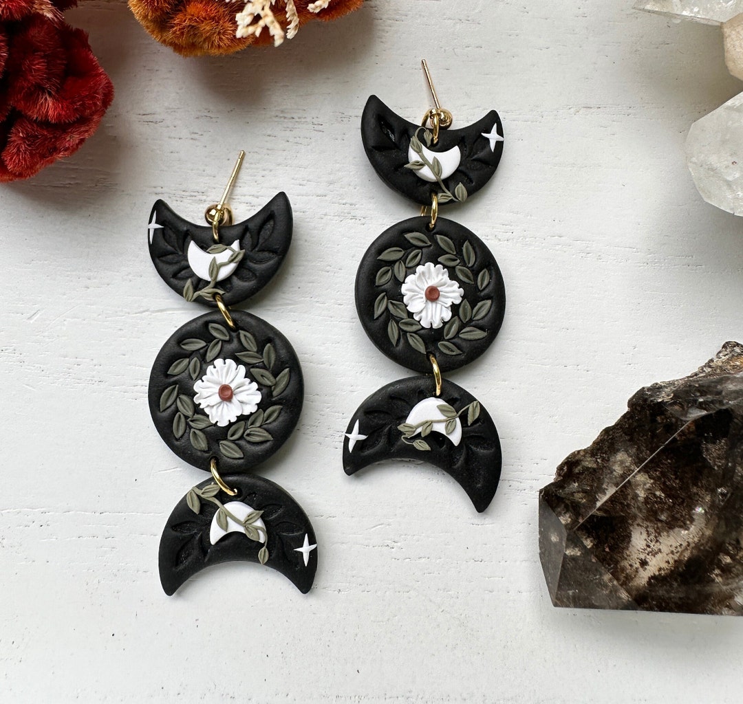 Floral Moon Phase Earrings, Polymer Clay Earrings, Goth Jewelry ...