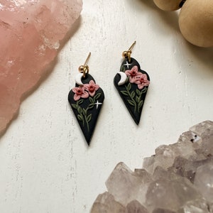 Floral Moon Earrings, Witchy Flower Earrings, Goth Clay Earrings, Boho ...