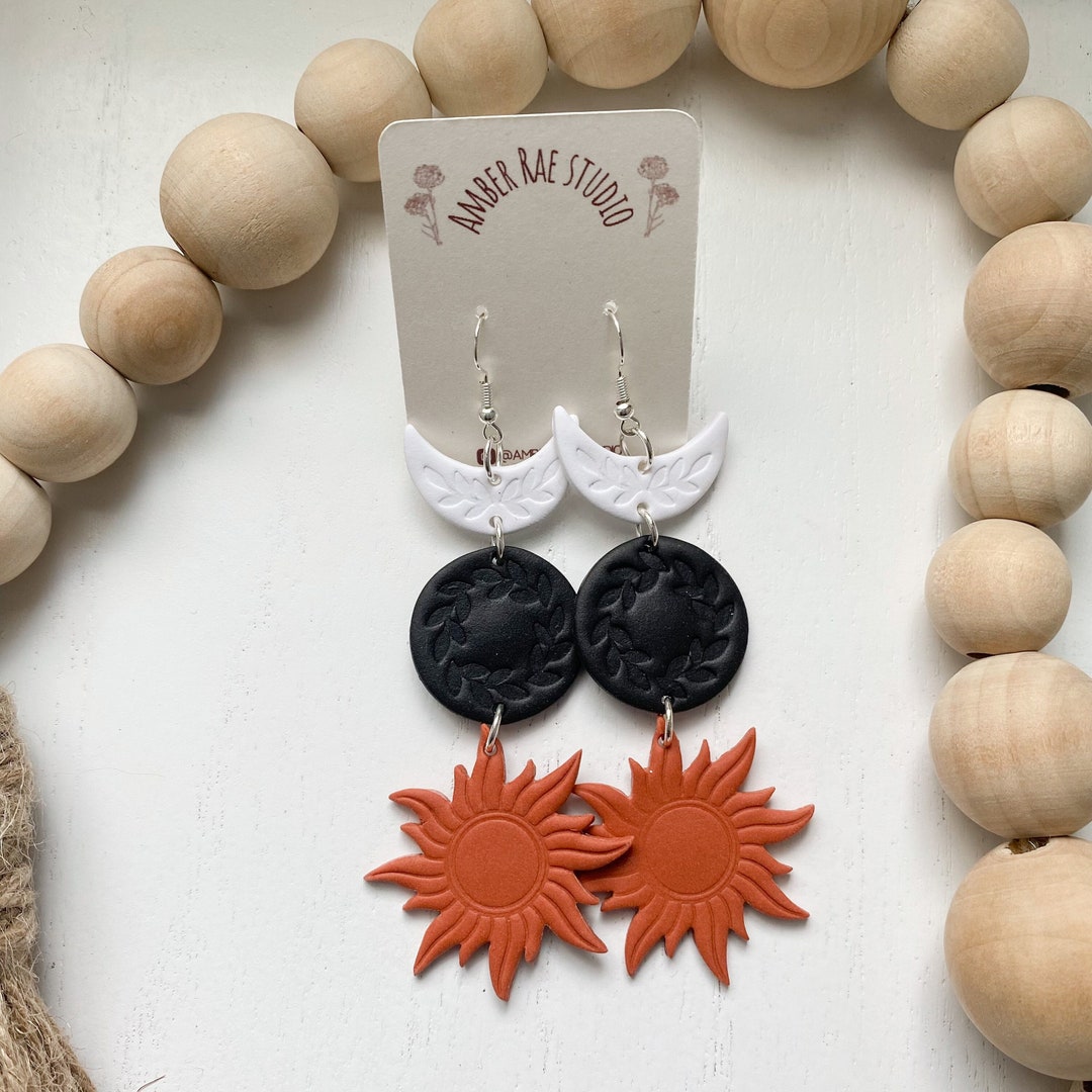 Celestial Clay Earrings, Boho Handmade Jewelry, Sun Moon Bohemian Style ...