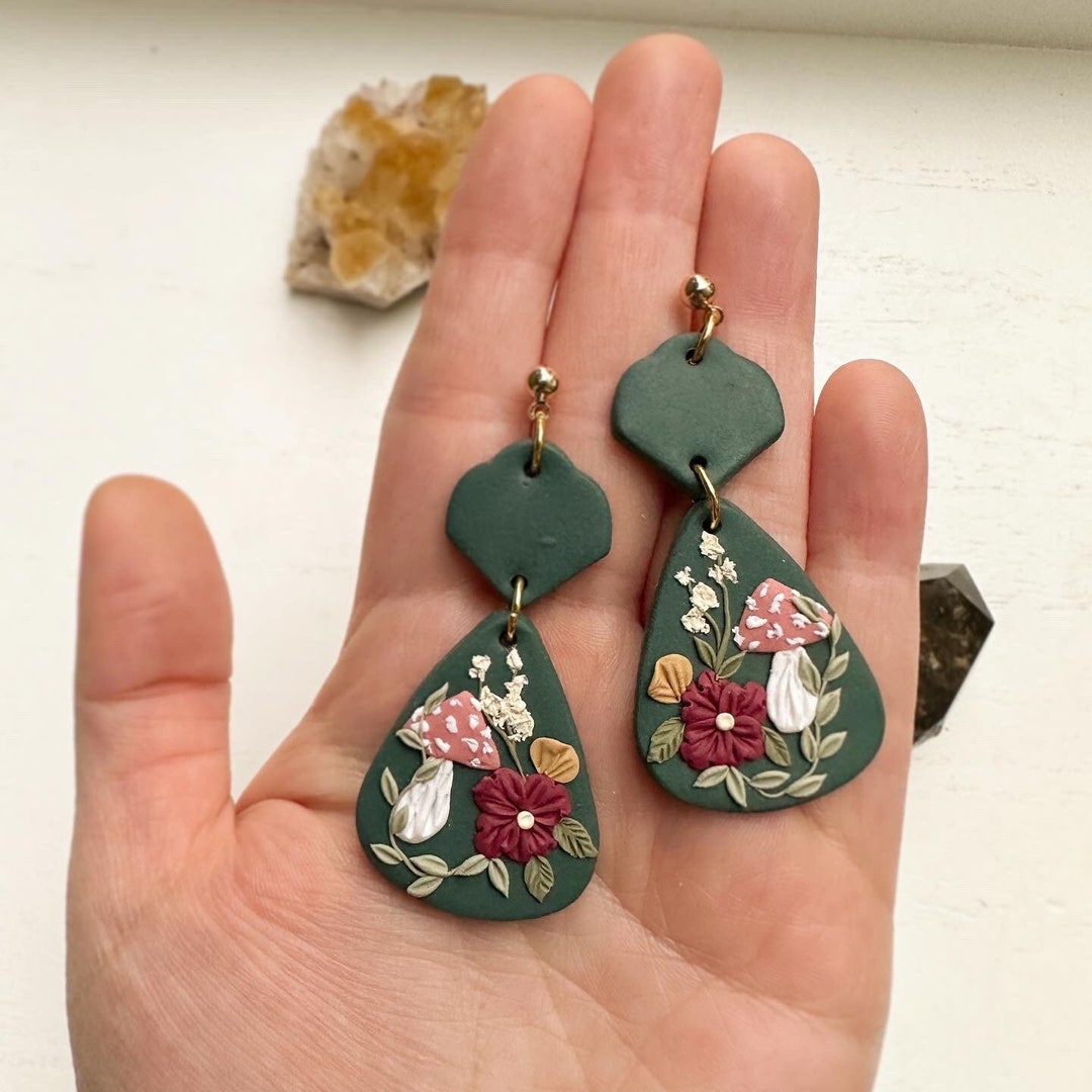 Floral Mushroom Earrings, Cottagecore Clay Earrings, Handmade Unique ...