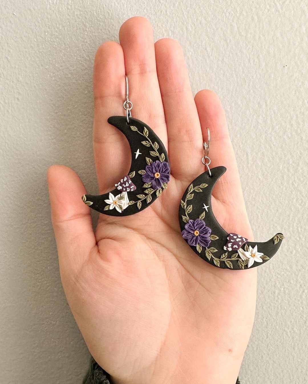 Floral Moon Earrings, Cottagecore Clay Earrings, Whimsigoth Earrings ...