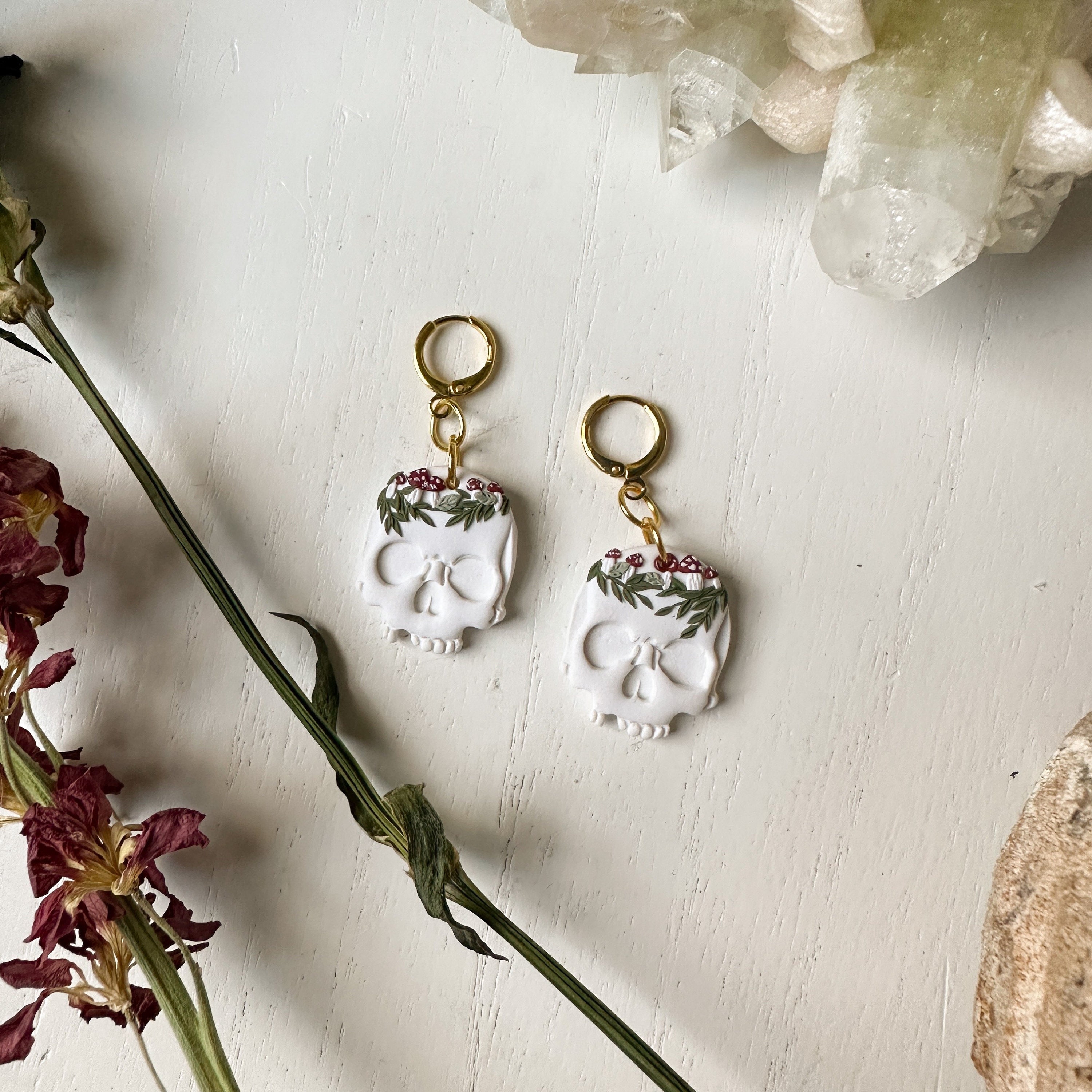 Polymer Clay Skull Earrings Mushroom Crown Skull Earrings - Etsy