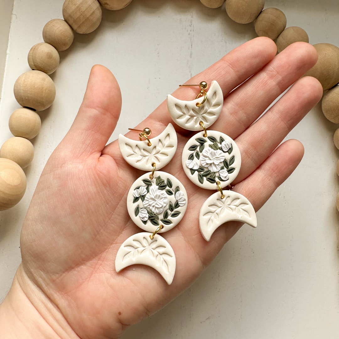 Moon Phase Earrings, Boho Handmade Polymer Clay Earrings, Floral Moon ...