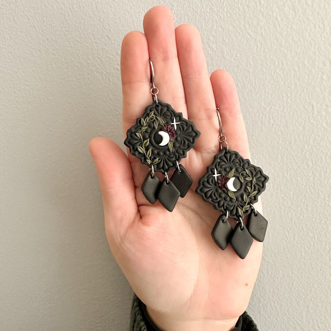 Whimsigoth Earrings, Floral Clay Earrings, Dark Boho Earrings, Floral ...