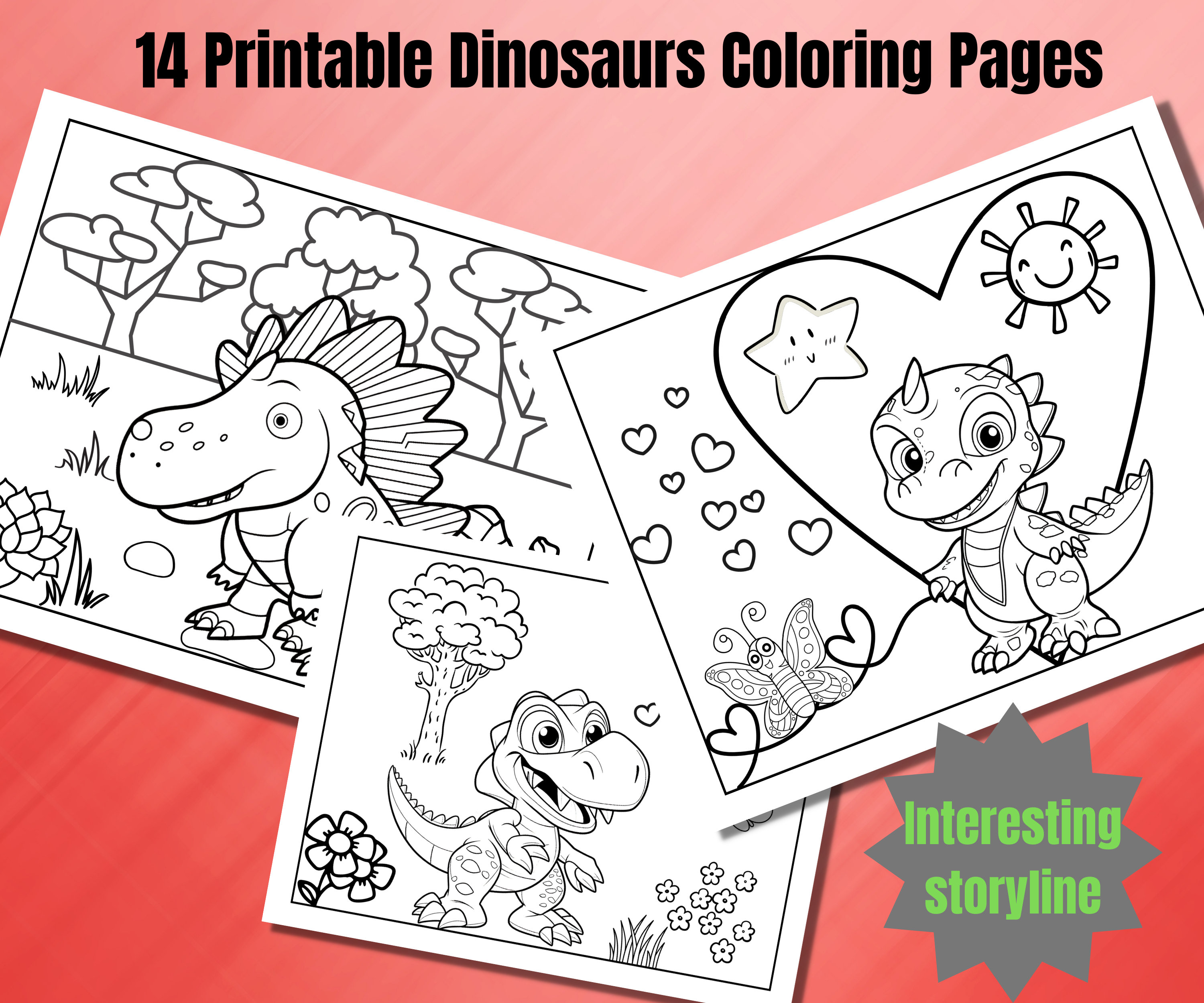 14 Cute Dinosaur Coloring Page for Kids Printable, Coloring Sheats for ...