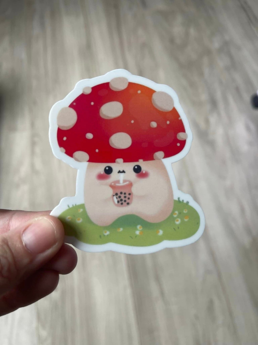 Kawaii Mushroom Bubble Tea Vinyl Die Cut Sticker - Red Mushroom Sticker ...