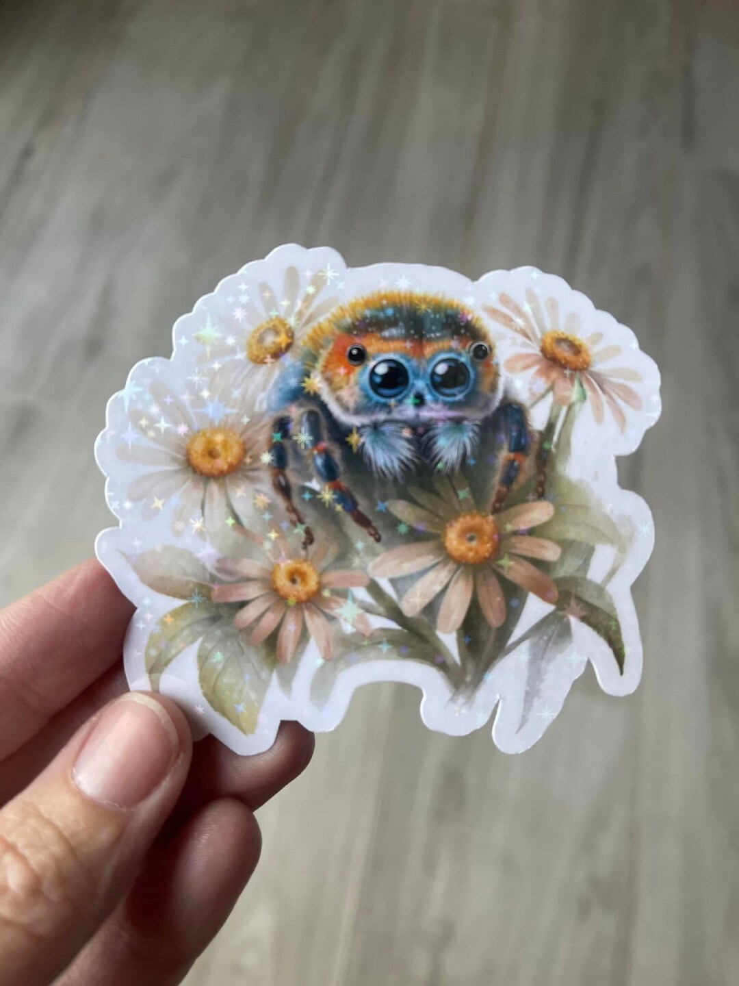 Jumping Spider & Daisies Holographic Sticker, Kawaii Jumping Spider ...