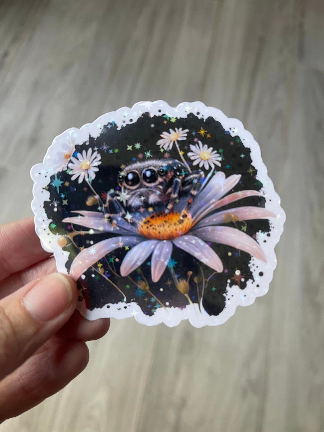 Jumping Spider at Night With Daisies Holographic Sticker, Kawaii ...