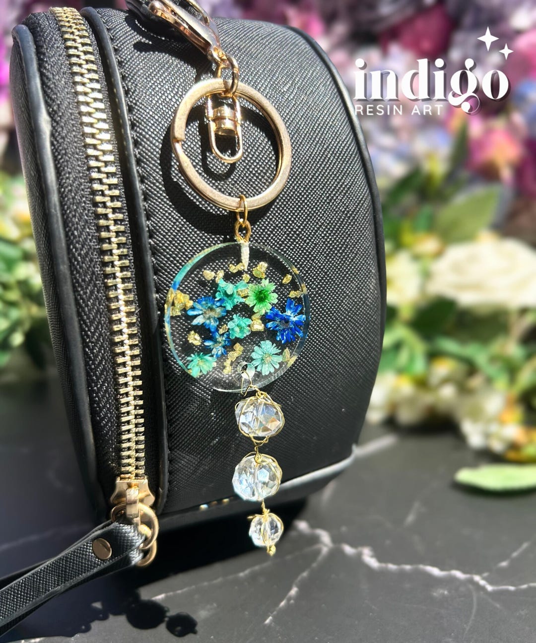 Resin Flower Keychain - Blue and Green Flowers + Bead Accents ...
