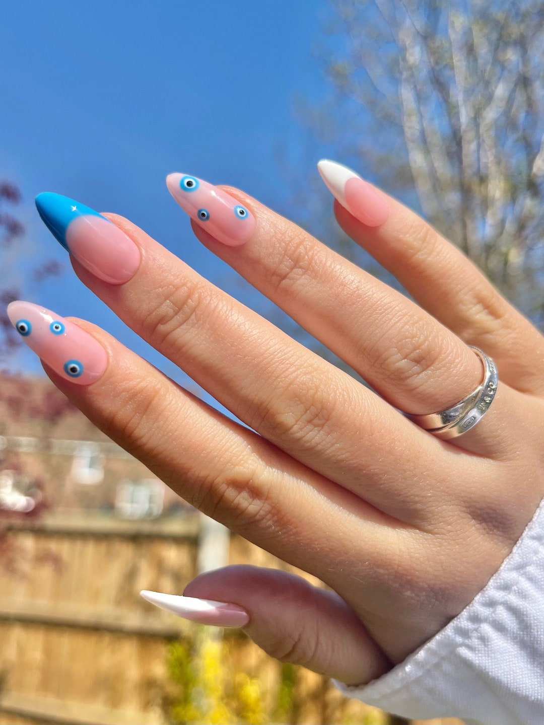 FAYE Press on Nails - Evil Eye French Tip - Set of Luxury 10 Made to ...