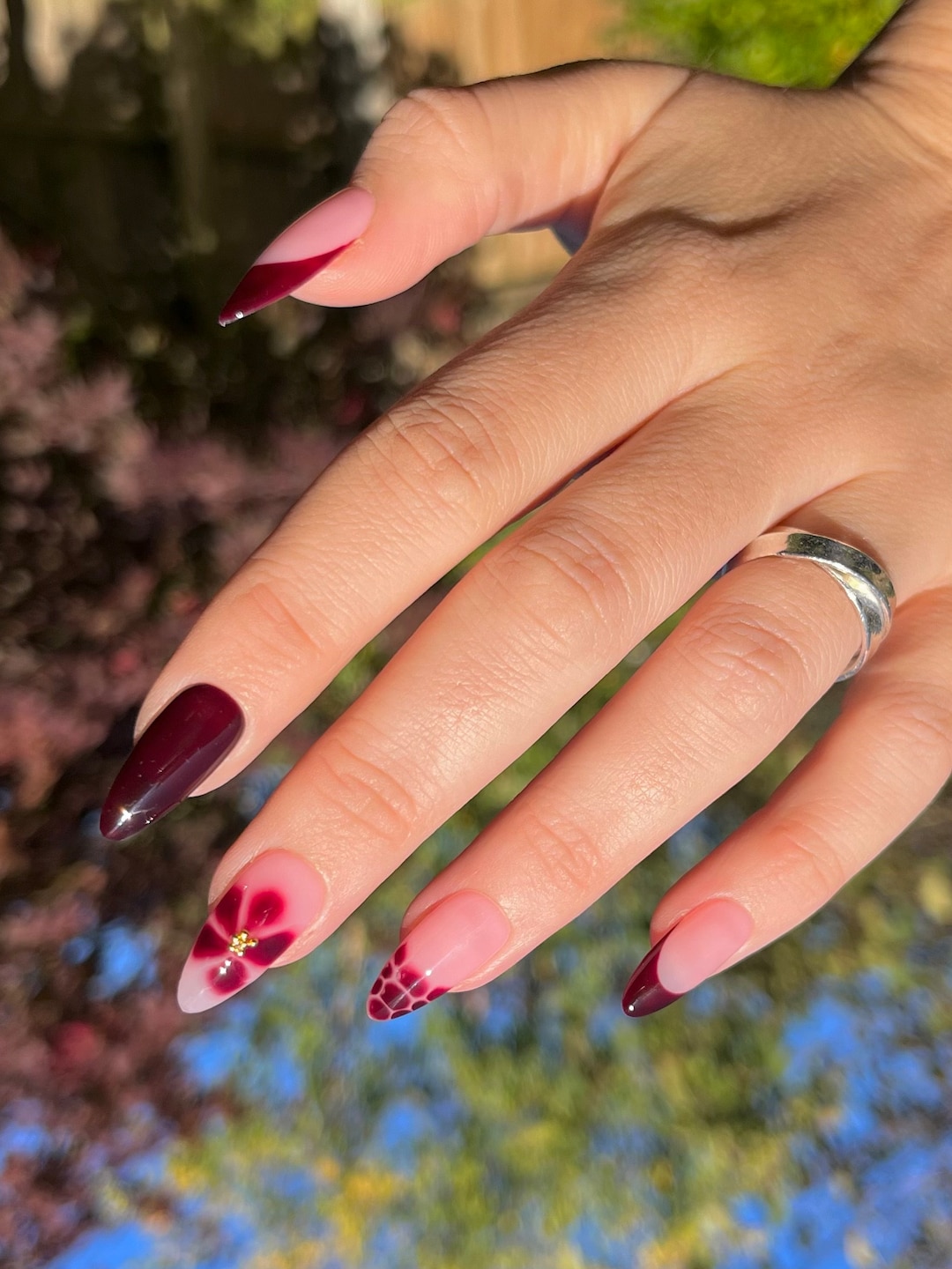 ASHA Press on Nails - Dark Red & Gold - Set of 10 Made to Order Nails ...