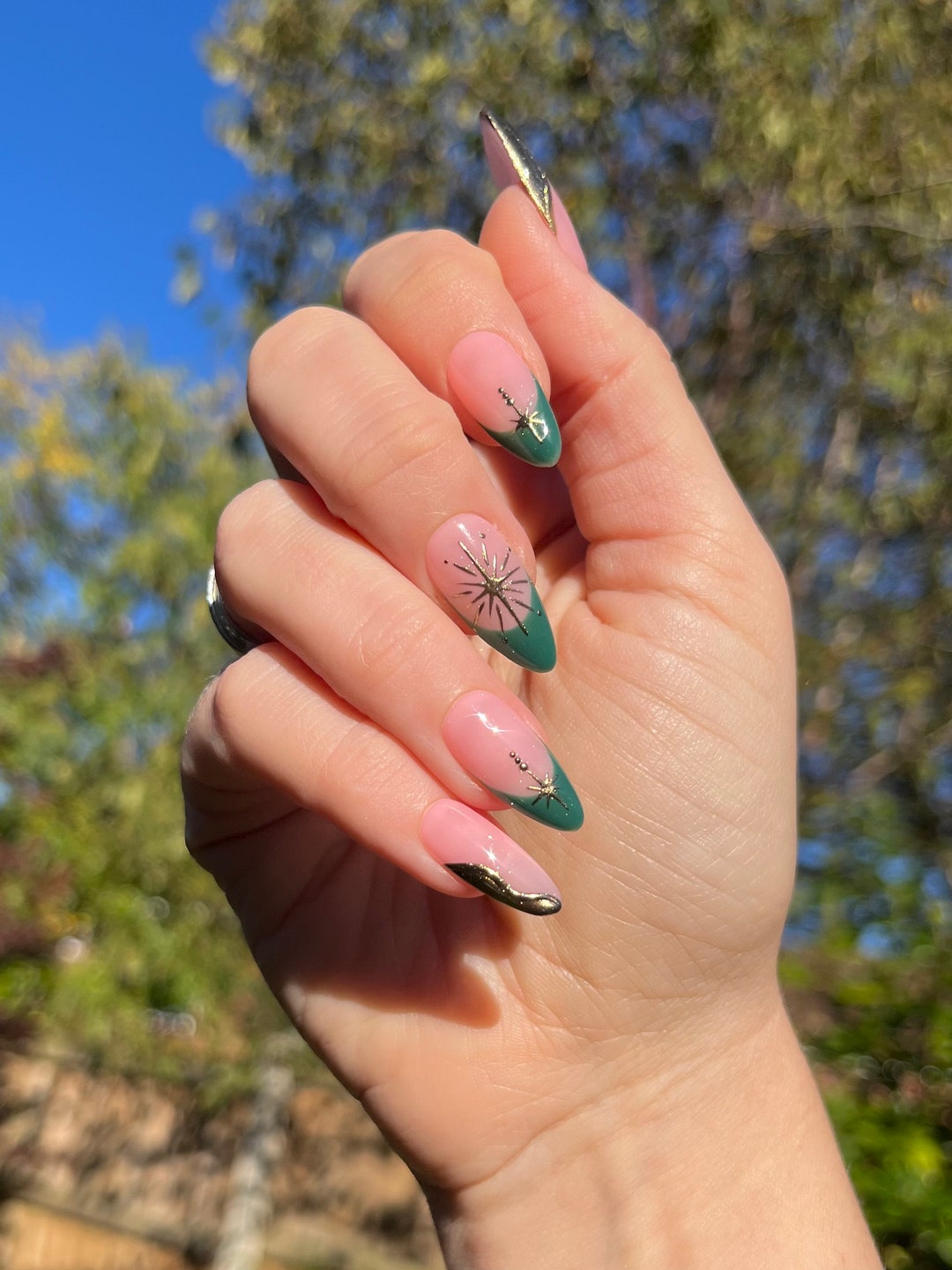 TANA Press on Nails - Green French & Gold Stars - Set of 10 Made to Order Nails - Etsy