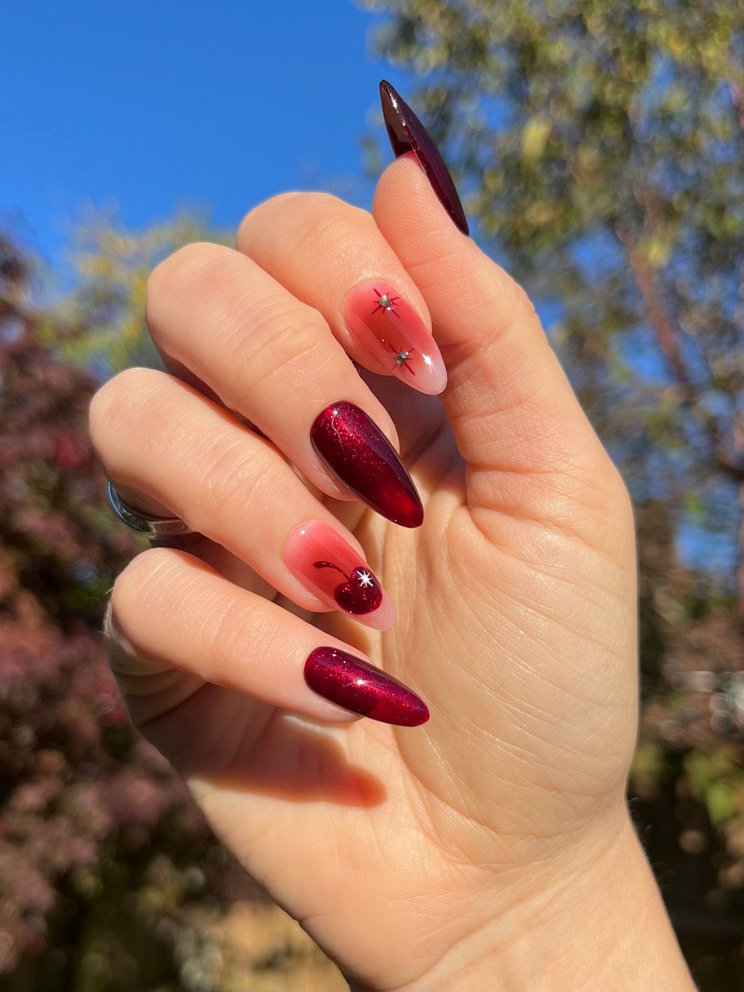 MAEVE Press on Nails - Dark Red Cherry - Set of 10 Luxury Made to Order ...