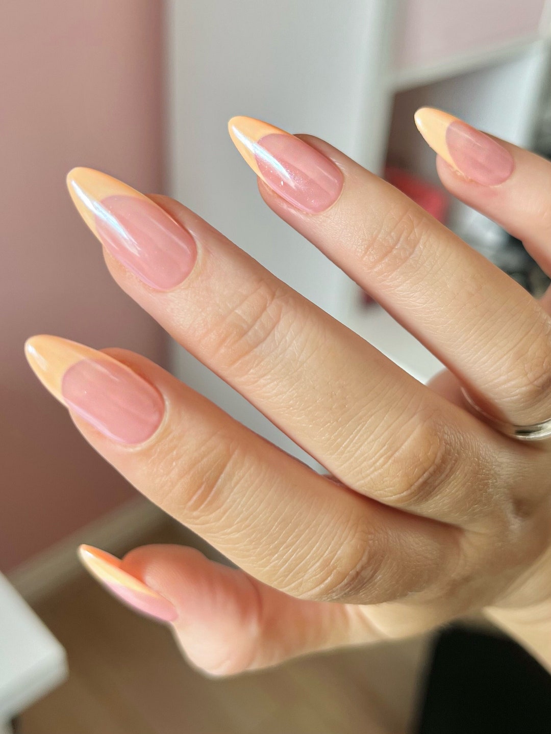 GEORGINA Press on Nails Peach Chrome French Tips Set of 10 Luxury Made ...