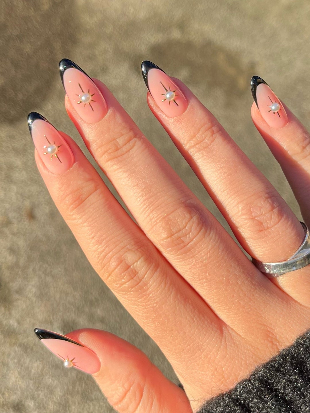 RACHEL Press on Nails - Black French With Pearls - Set of 10 Luxury ...