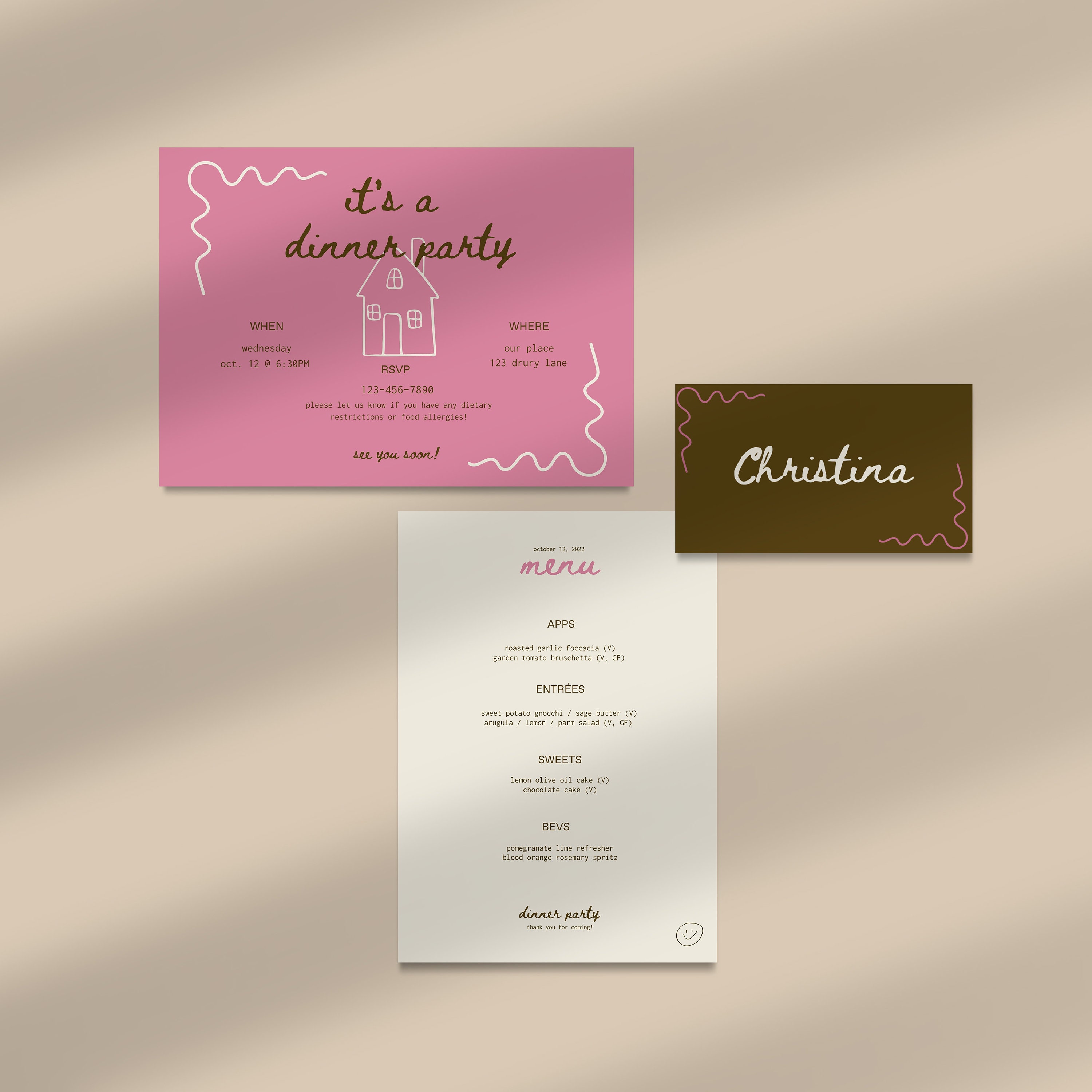 The Dinner Party Kit BUNDLE: Invitation, Menu and Placecard Template ...