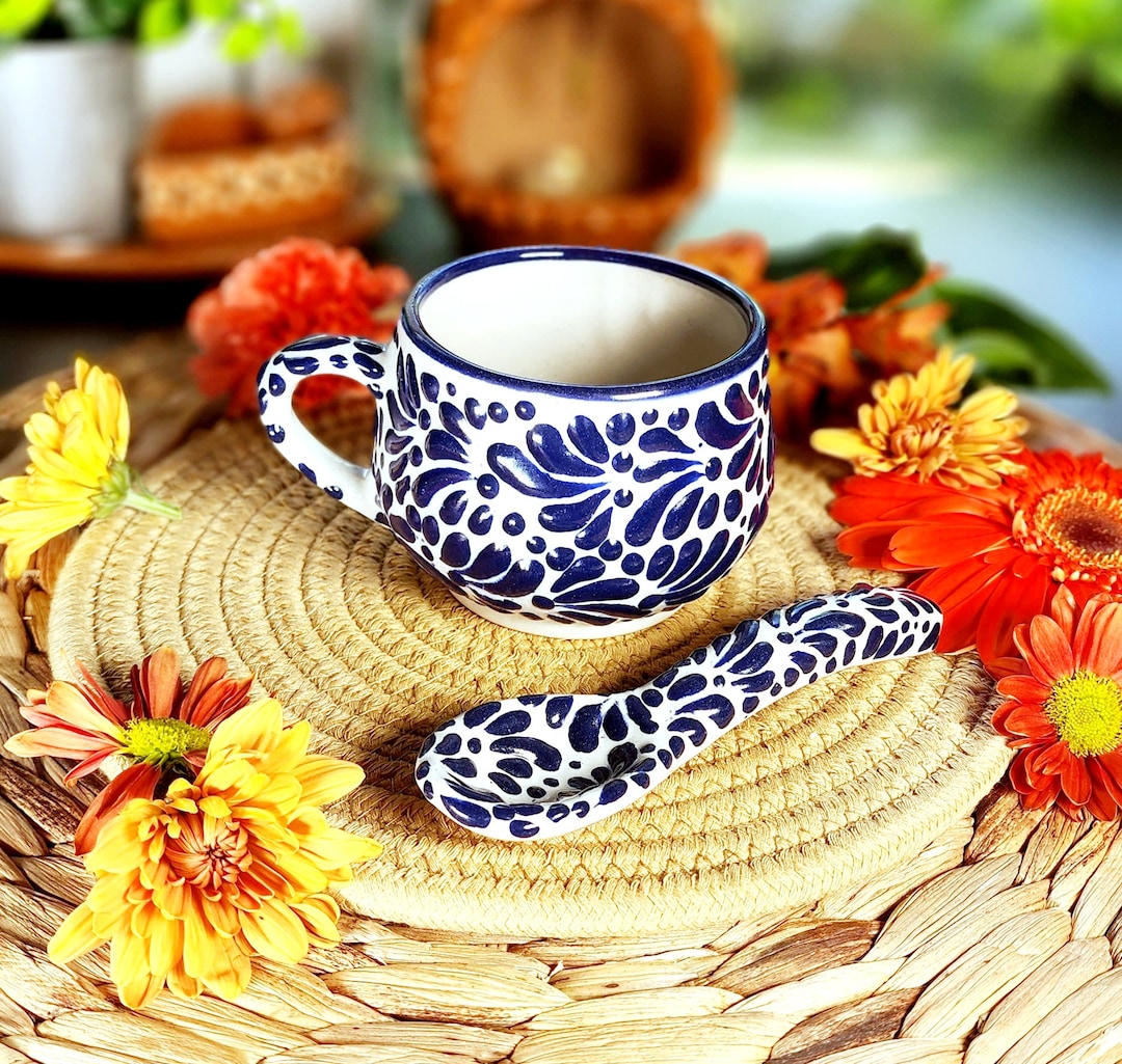 Original Mexican Talavera Blue White Coffee Mug and Spoon 2 Set ...