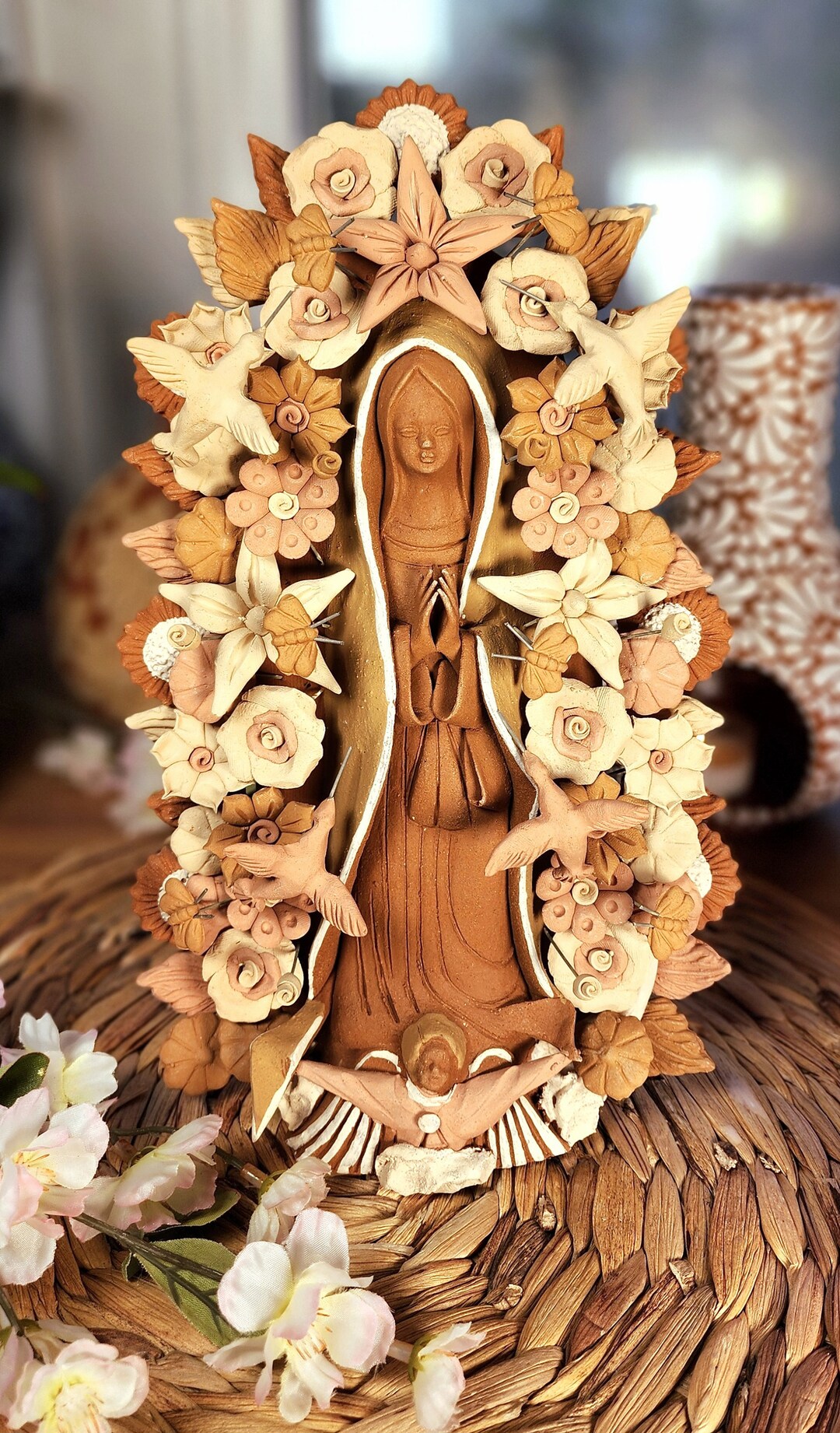 Unique Embroidery Clay Virgen Handmade Handpainted 11in Tall Mexican ...