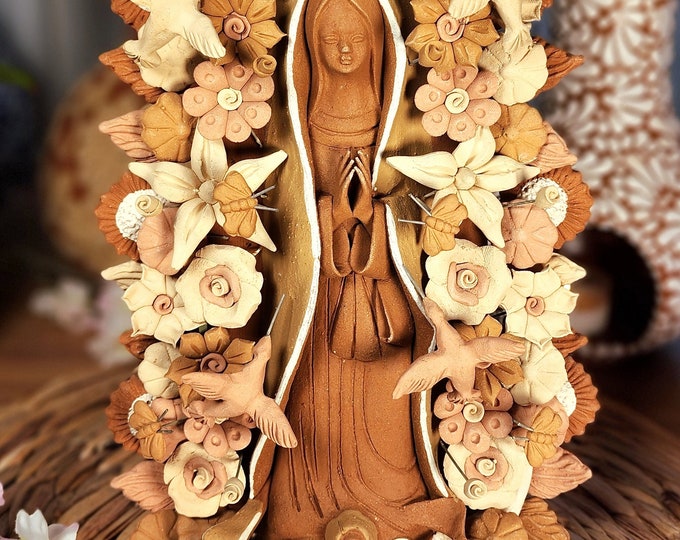 Unique Embroidery Clay Virgen Handmade Handpainted 11in Tall Mexican ...