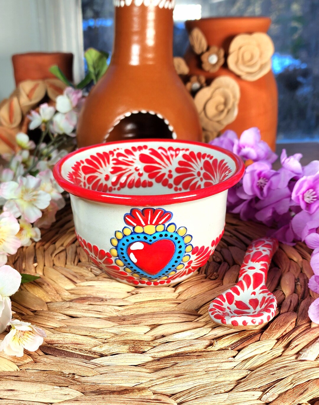 Original Mexican Talavera Red Heart Salsa Holder With Spoon Handmade ...