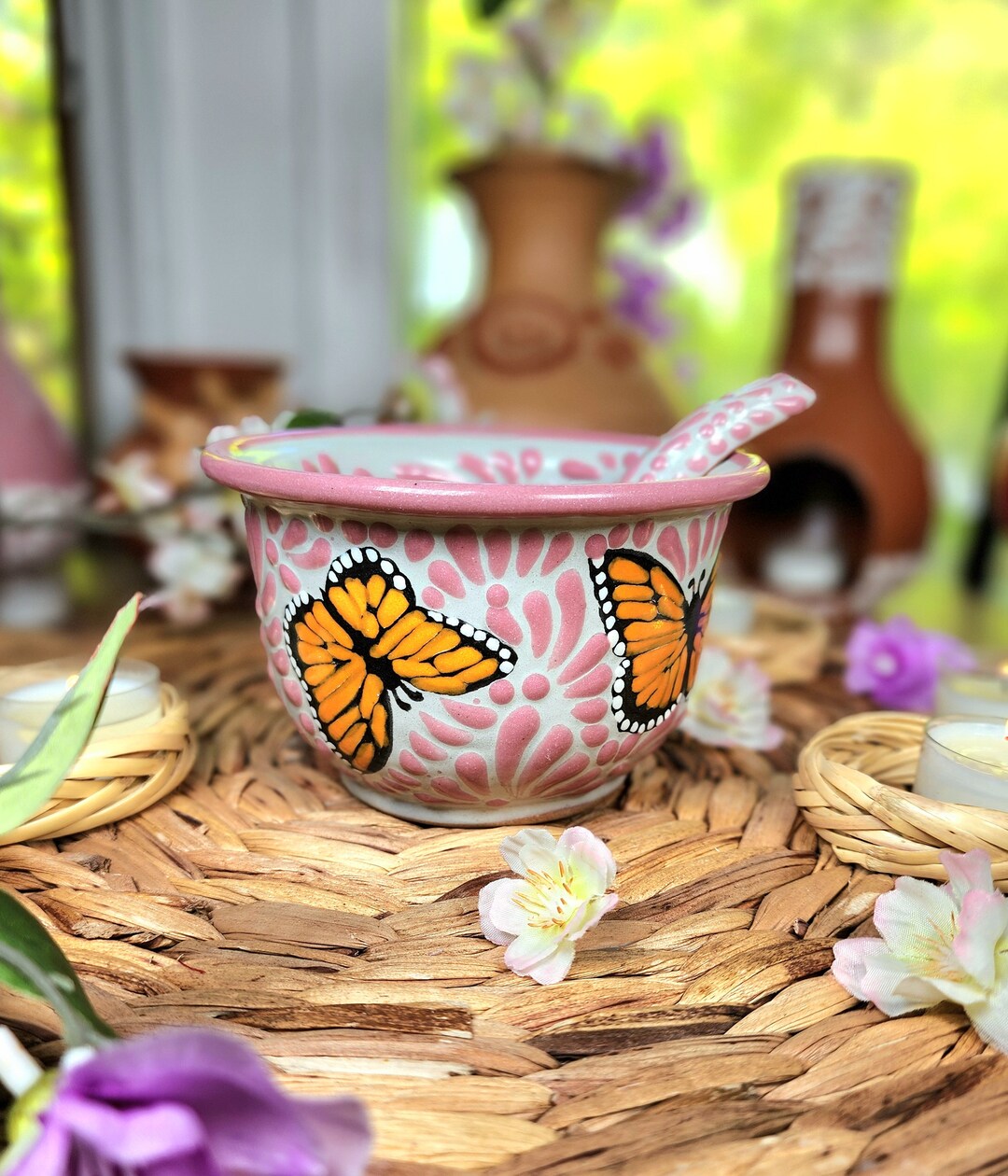 Mexican Talavera Pink Butterfly Salsa Holder With Spoon Handmade ...
