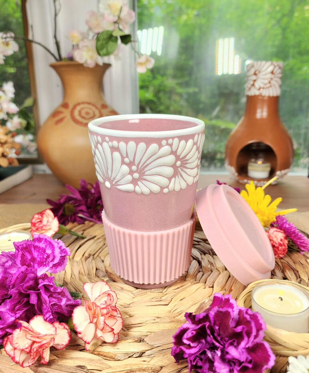 Original Mexican Pink Talavera 3 Pieces Tumbler Cup W Lid Coffee ...