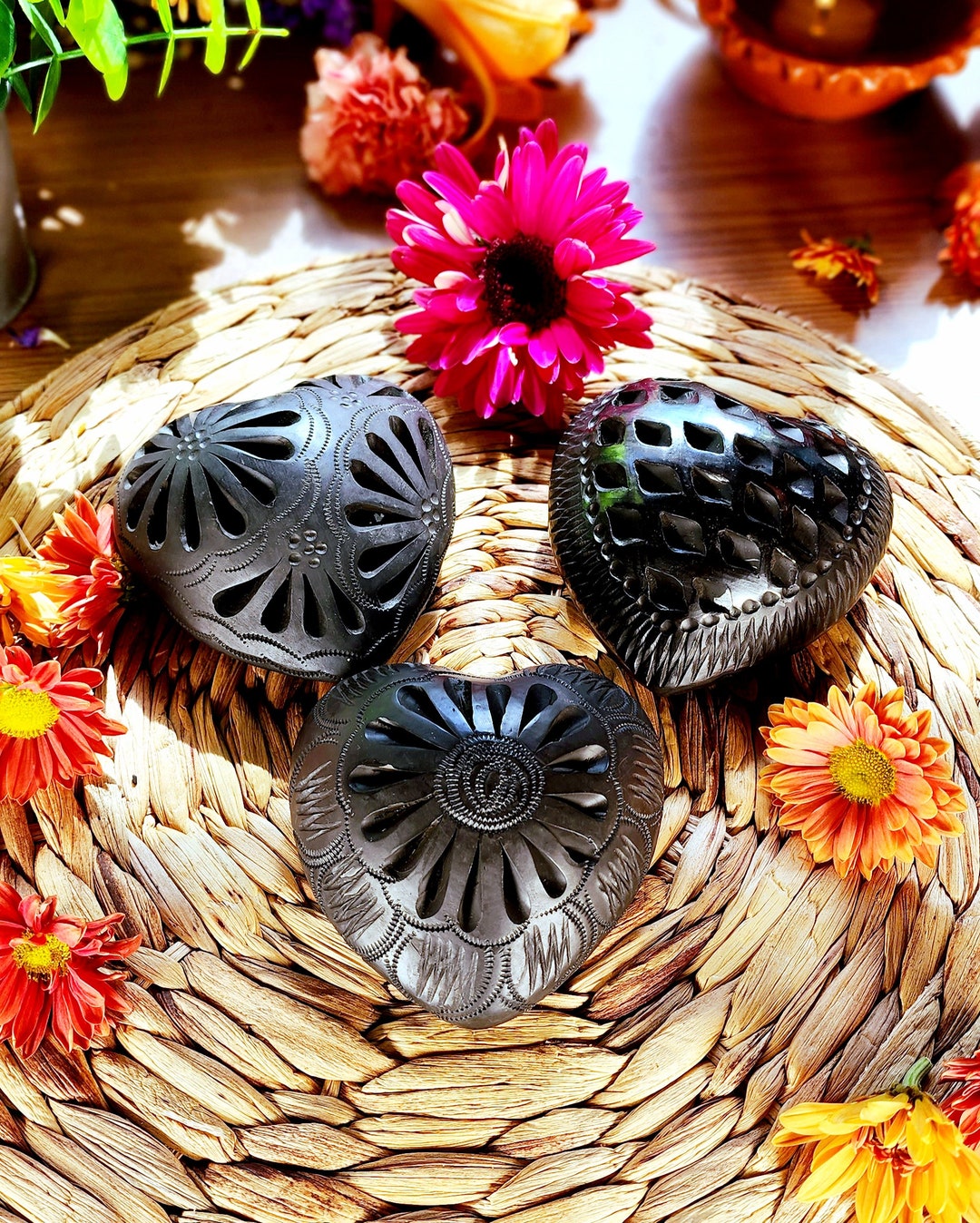 Hand Sculpted Black Clay Heart Corazón Decor Mexican Pottery Carved 4in ...