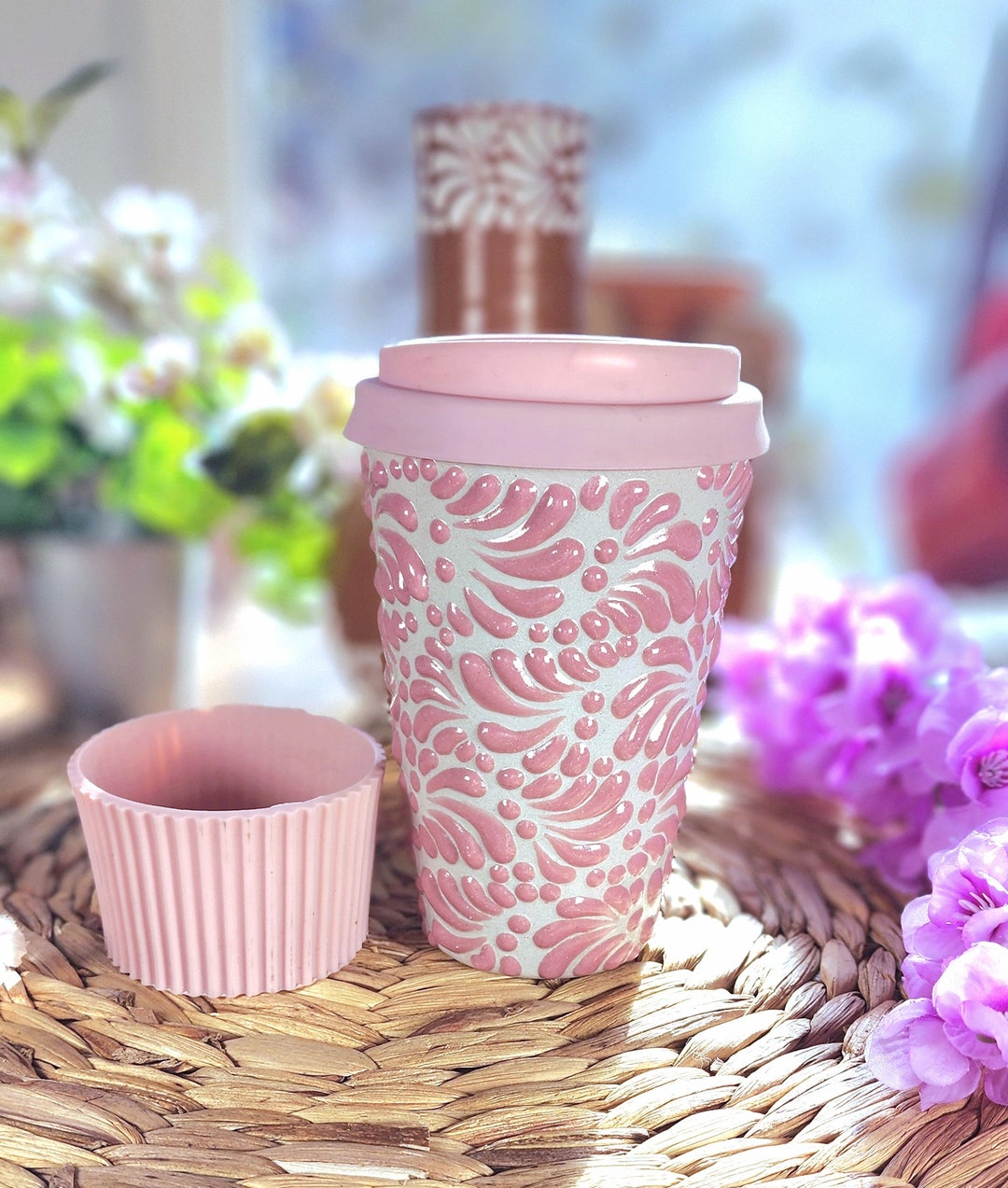Original Mexican Pink Talavera 3 Pieces Tumbler Cup W Lid Coffee ...