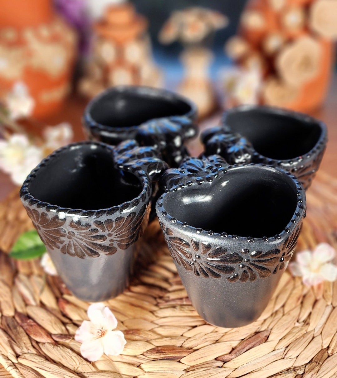 Original Mexican Black Talavera Set 4 Pieces Heart Coffee Mug 290ml ...