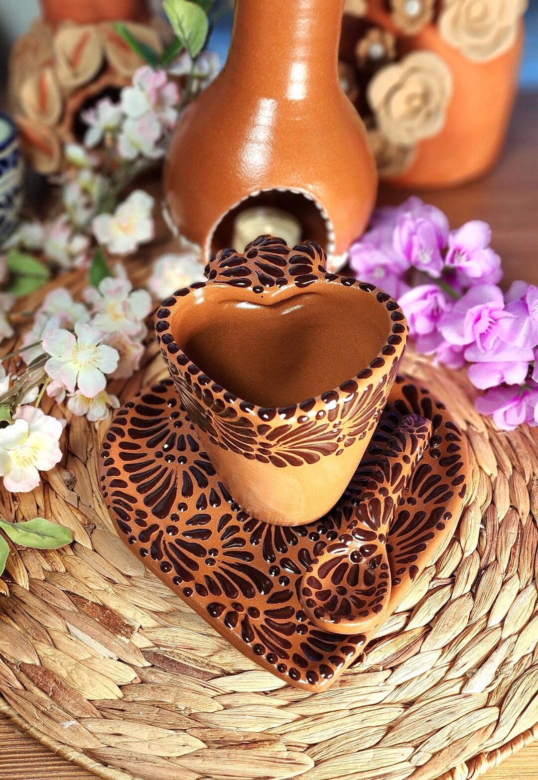 Original Mexican Talavera Heart Mug Brown Set 3 Pieces Handmade ...
