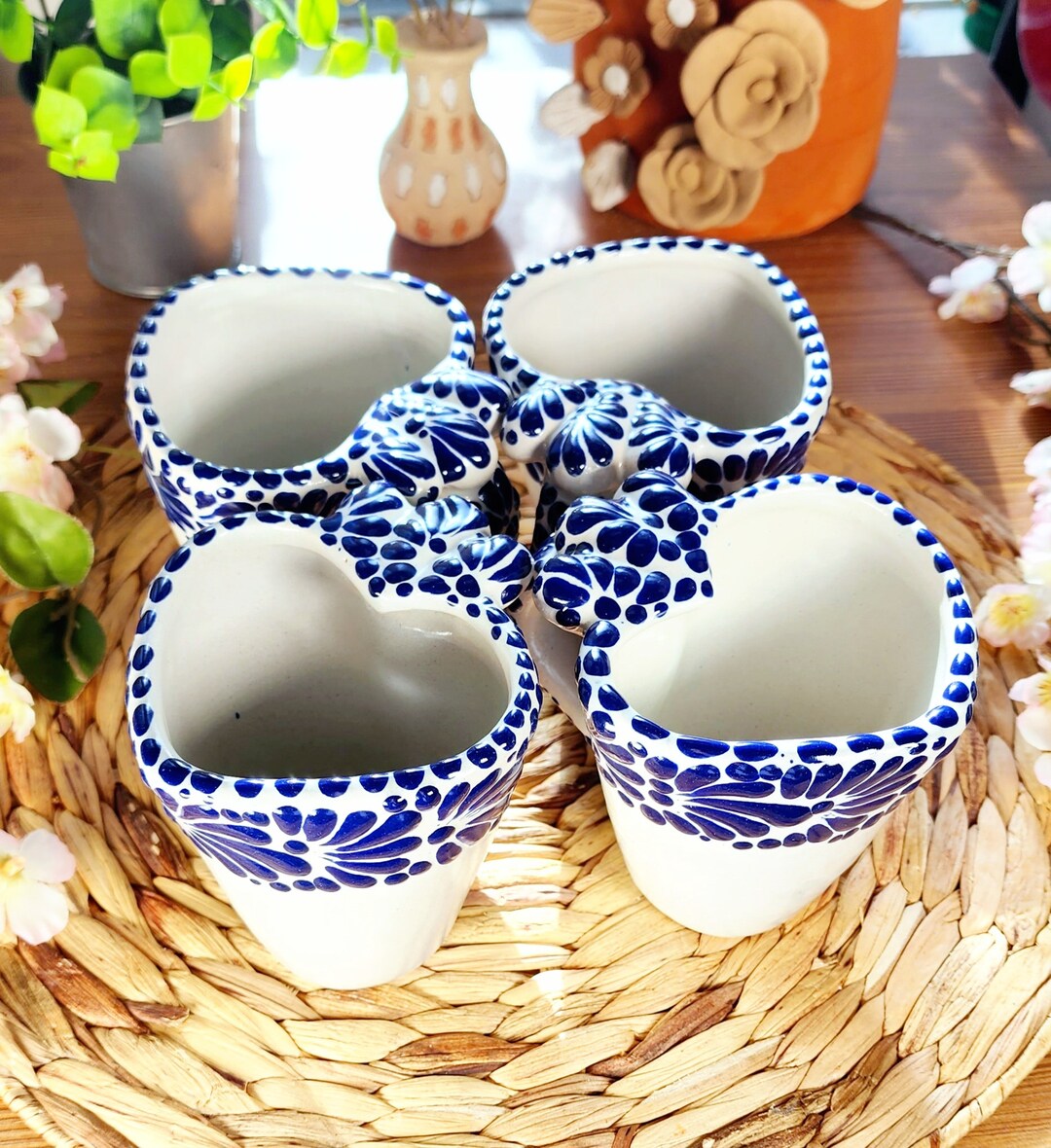 Original Mexican Blue Talavera Set 4 Pieces Heart Coffee Mug 290ml ...