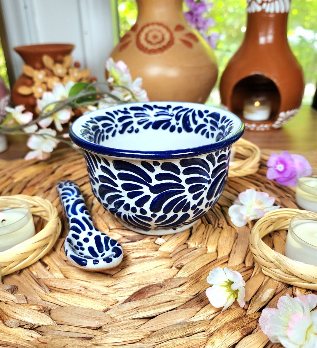 Original Mexican Talavera Blue Salsa Holder With Spoon Handmade ...