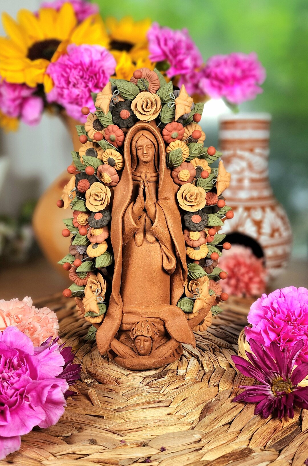 Unique Embroidery Clay Virgen Handmade 8.5in Tall Mexican Home Decor ...