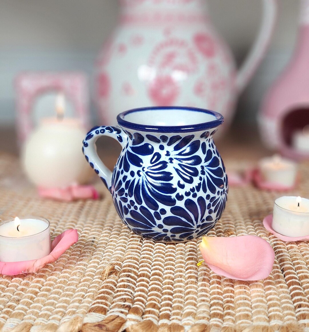 Mexican Talavera Blue Mug Tradicional Cantarito Jarrito With Handle ...