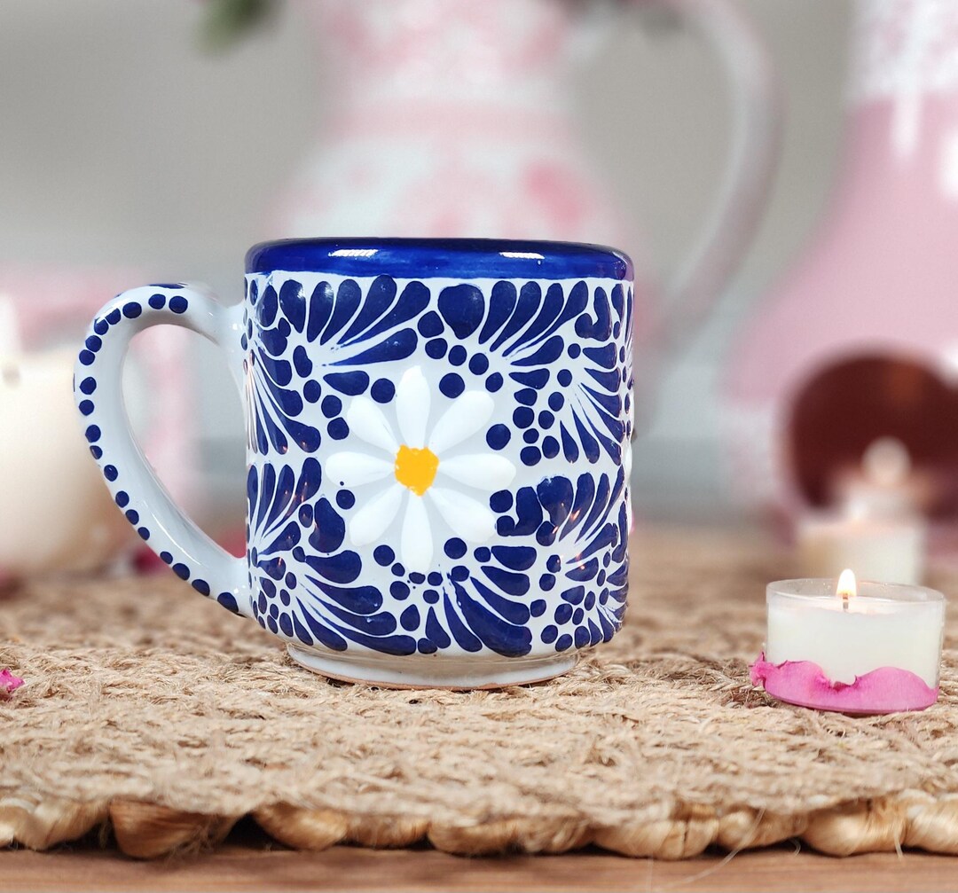 Talavera Daisy Mug Blue Margarita Flower Coffee 300ml Handpainted Taza ...
