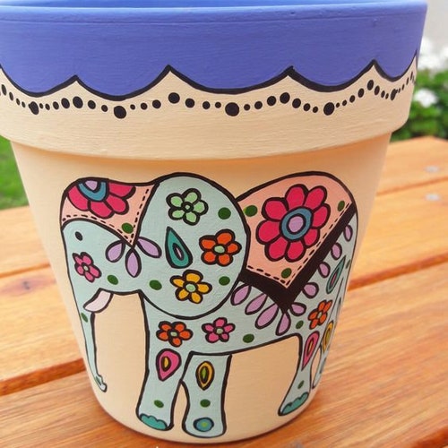 Hand Painted Clay Pot Colorful Elephant Flowery Clay Pot. - Etsy