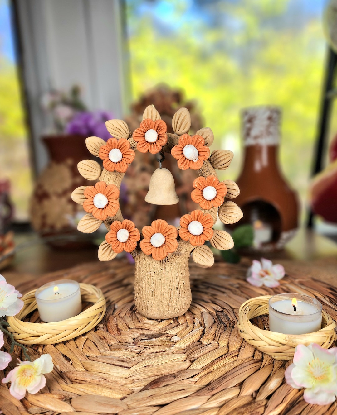 3d Clay Decor Tree of Life With Bell Mexican Flowers Embroidery Pottery ...