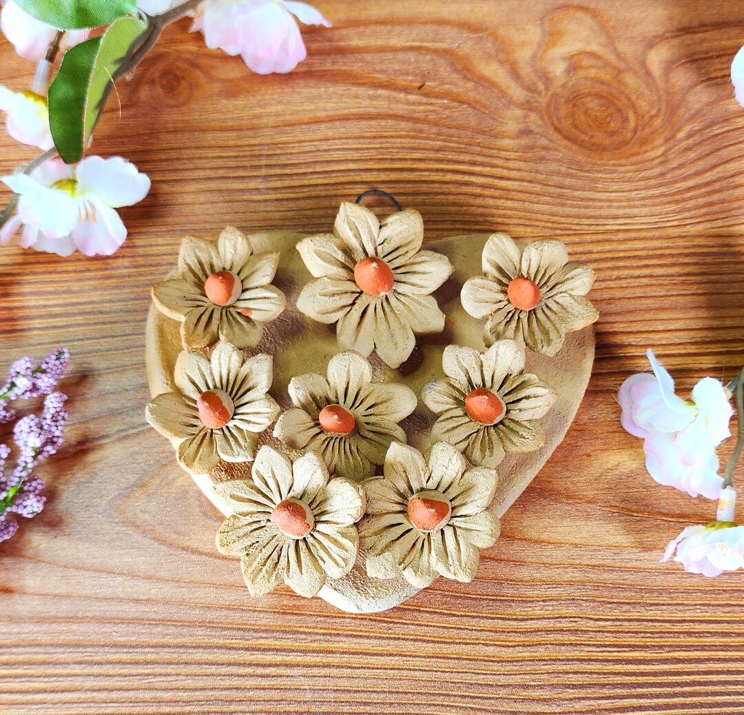 Hand Sculpted Large Clay Heart Corazón Decor Mexican Flower - Etsy