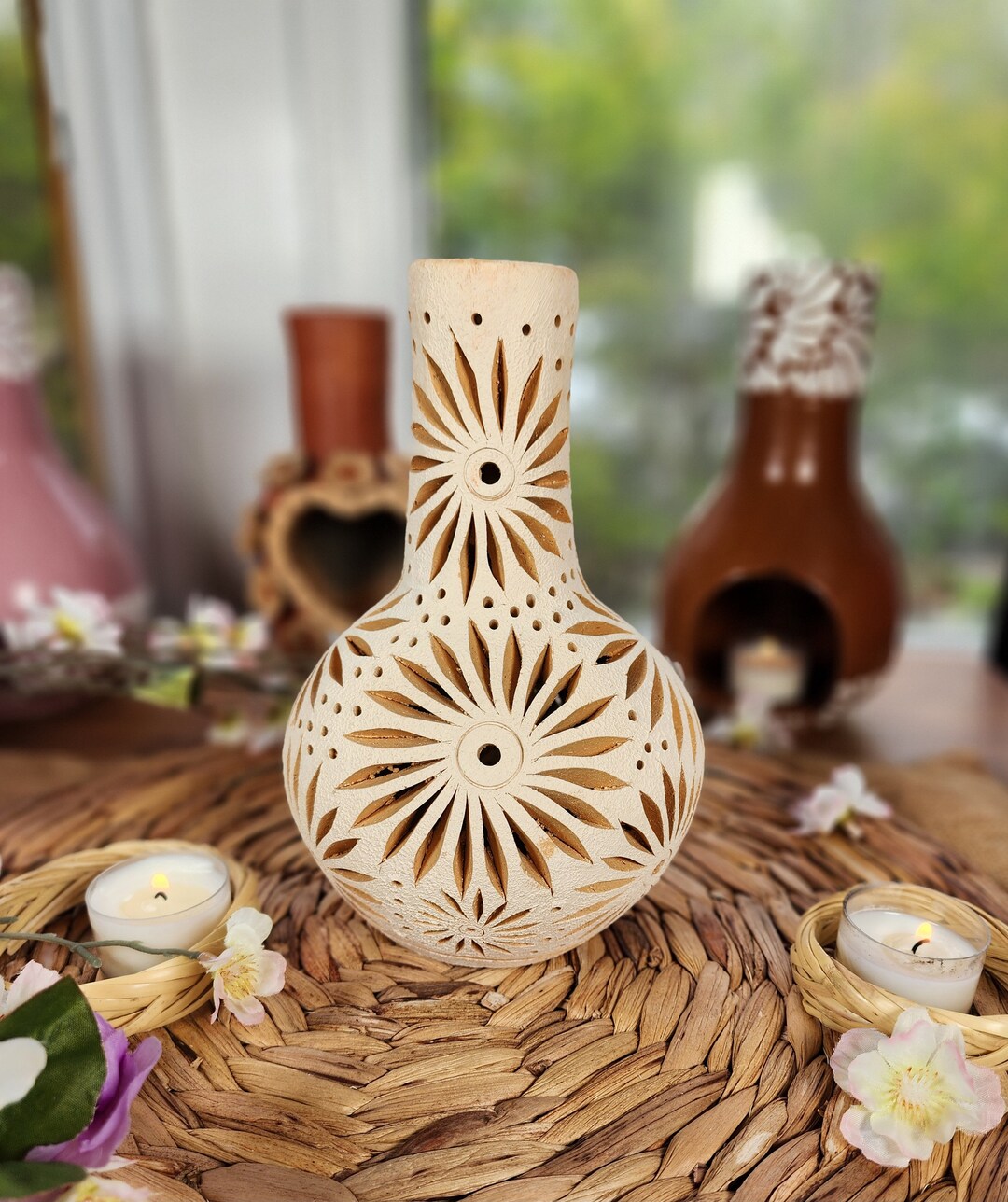 White Clay Vase Decor Mexican Flowers Pottery Barro Calado Home Autumn ...